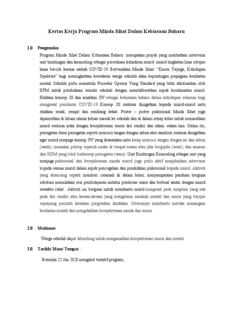 Kertas Kerja Program Minda Sihat Dalam Kebiasaan Baharu | PDF