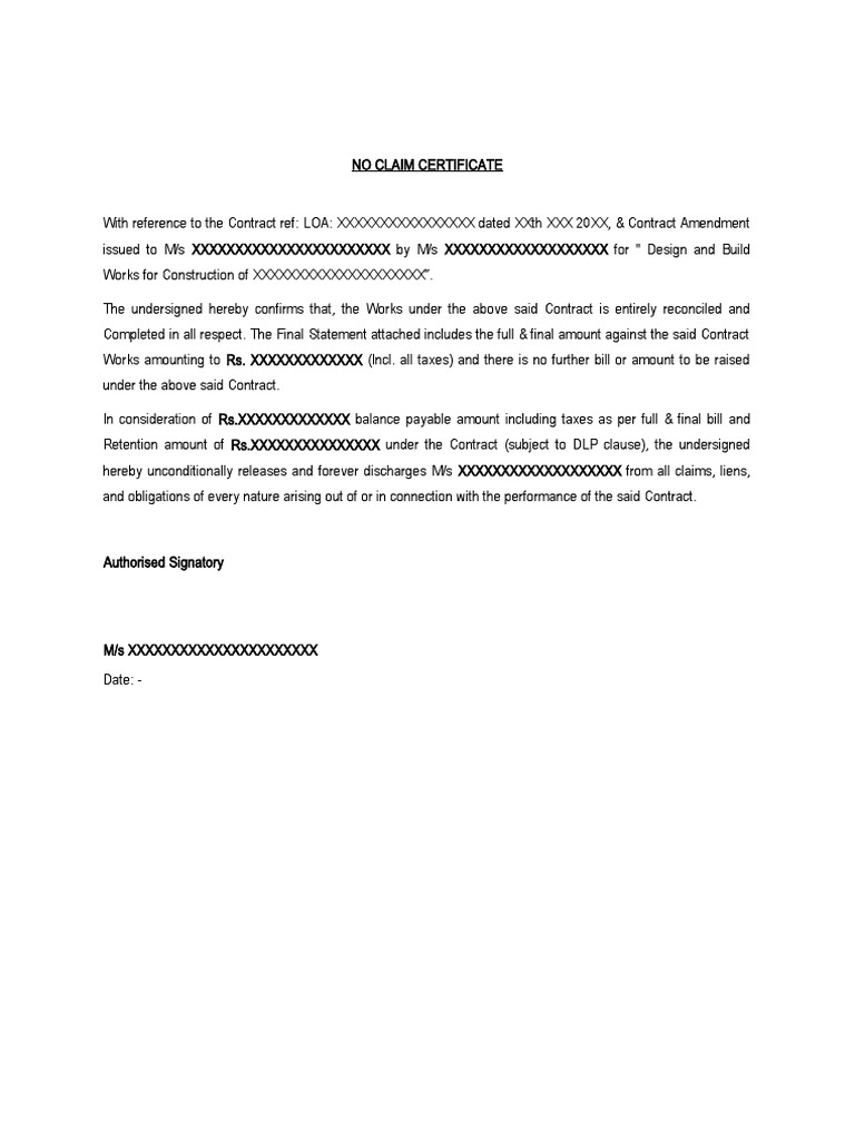 No Claim Certificate for Contract Completion | PDF