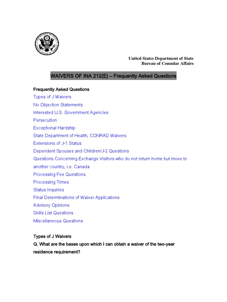 WAIVERS OF INA 212 (E) - Frequently Asked Questions: United States ...