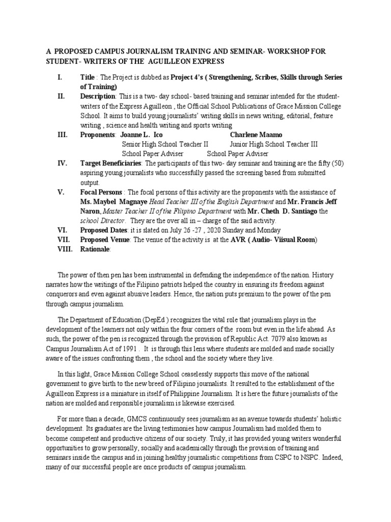 A Proposed Campus Journalism Training and Seminar | PDF | Journalism ...