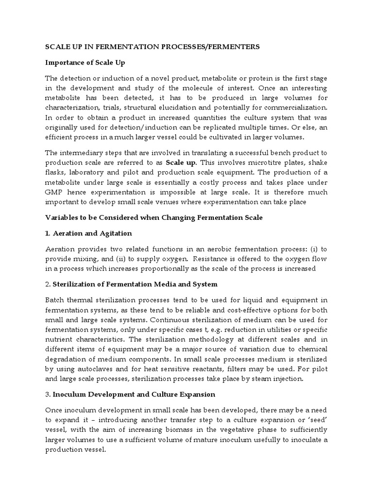 SCALE UP FERMENTATION PROCESSES | PDF | Fermentation | Sterilization ...