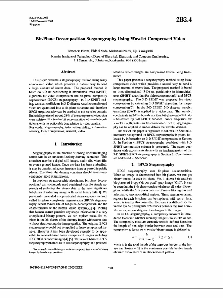 Bit-Plane Decomposition Steganography Using Wavelet Compressed Video | PDF | Data Compression ...