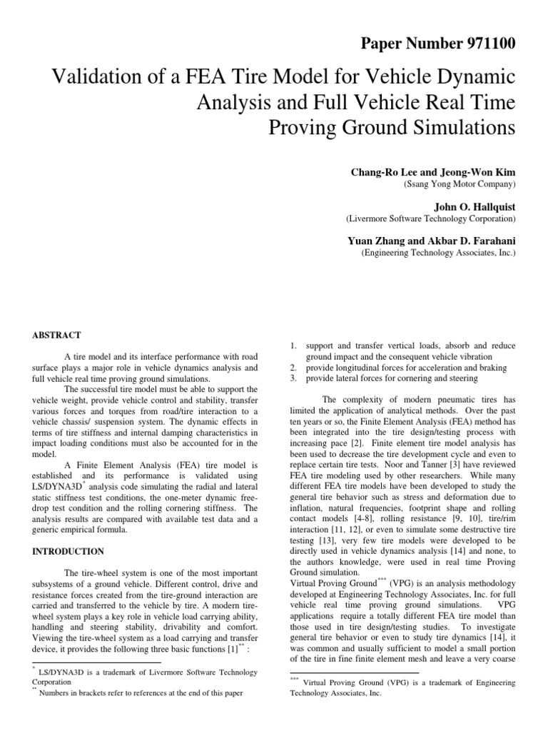 Validation of A FEA Tire Model For Vehicle Dynamic Analysis and Full Vehicle Real Time Proving ...