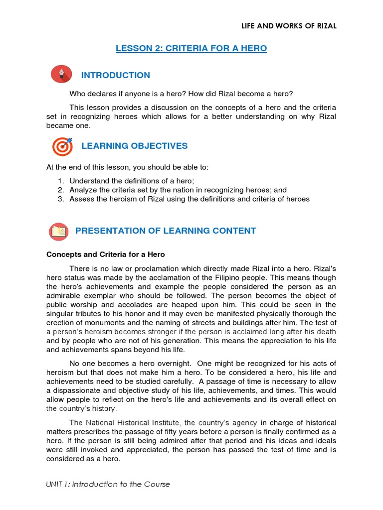 Lesson 2: Criteria For A Hero: Life and Works of Rizal | PDF | Philippines
