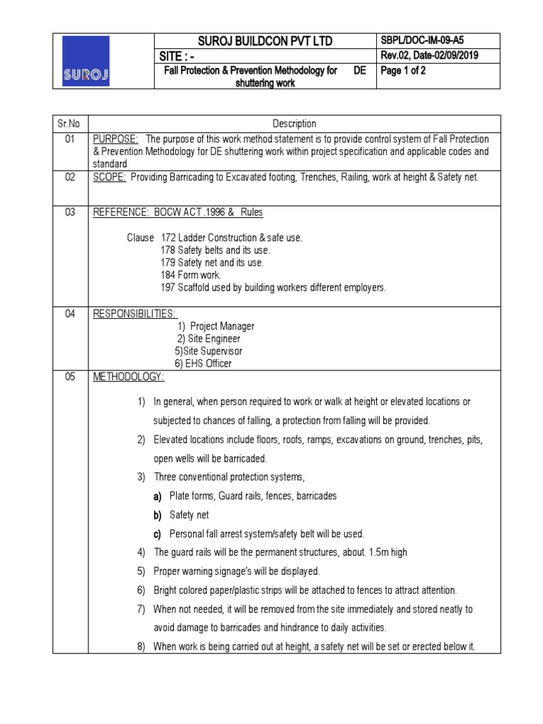 5 Fall Protection & Prevention Methodology For DE Shuttering Work | PDF ...