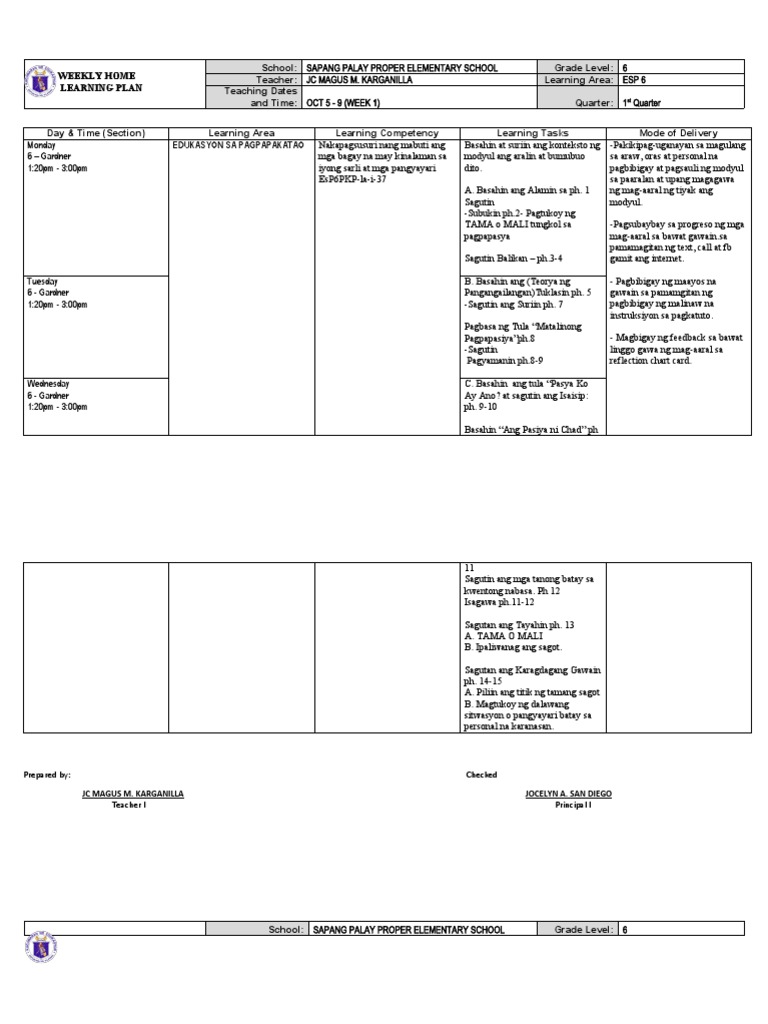 Weekly Home Learning Plan (Q1 W1 ESP6) | PDF