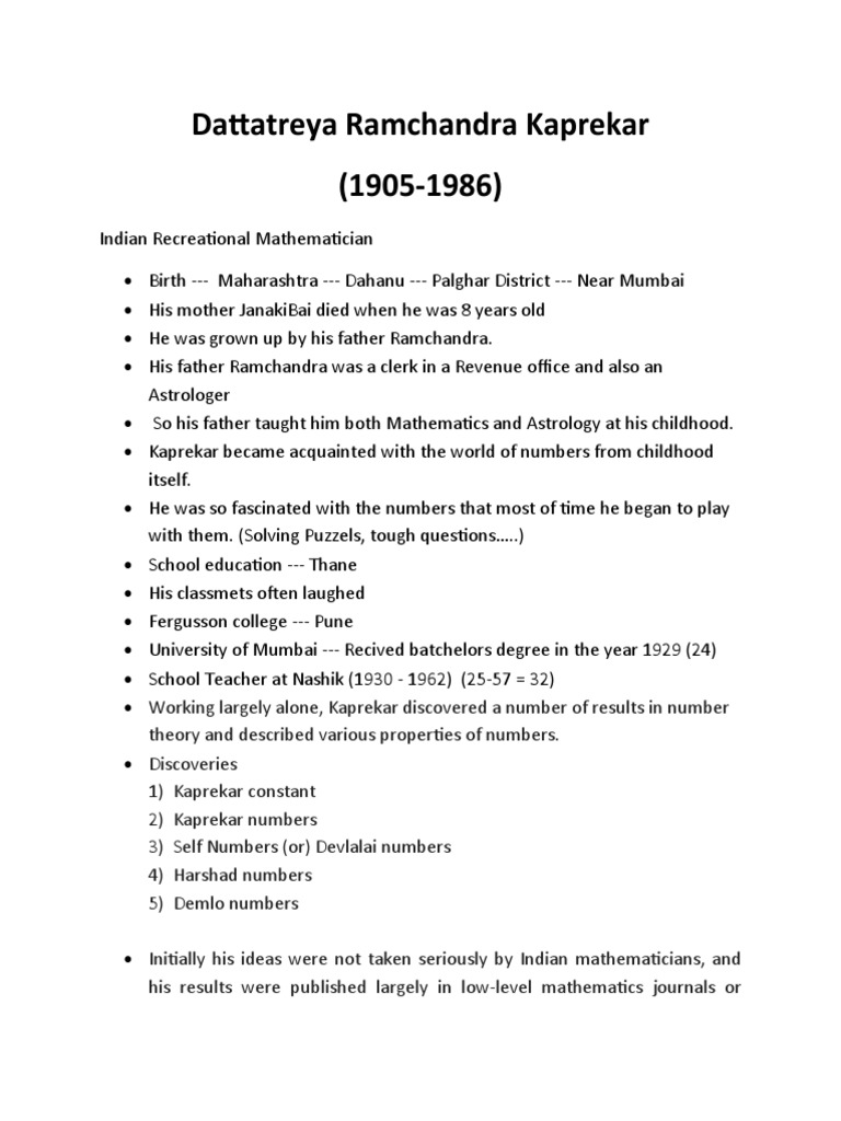 Dattatreya Ramchandra Kaprekar (1905-1986) | PDF