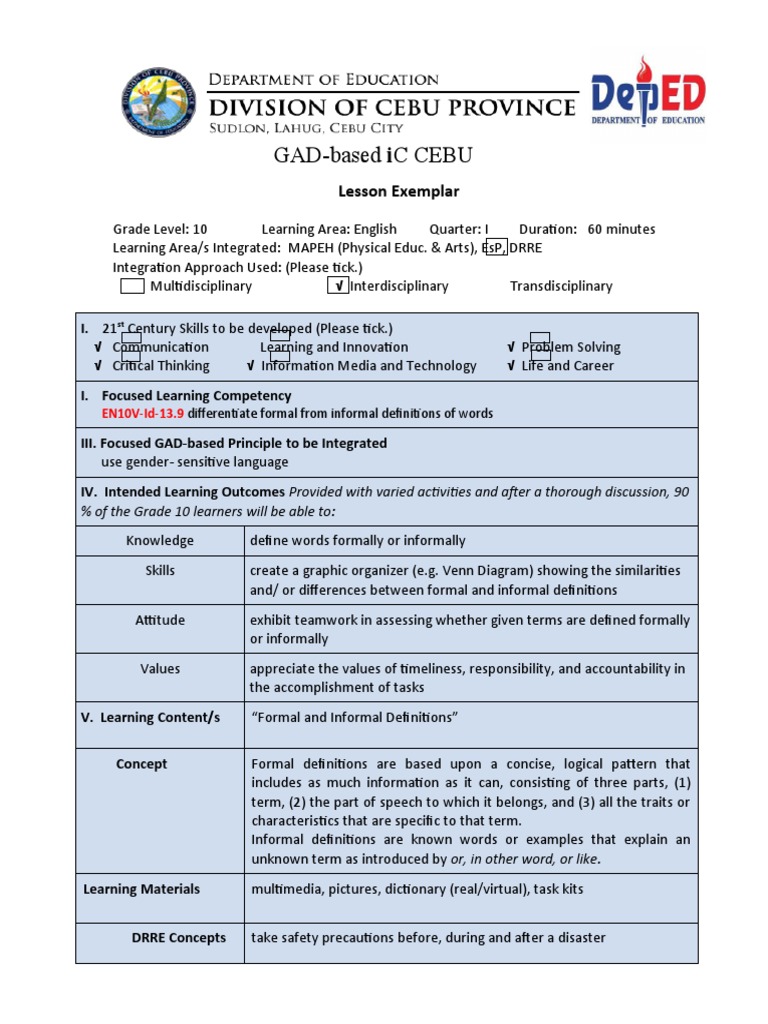 GAD-based Ic CEBU: Lesson Exemplar | PDF | Definition | Competence ...