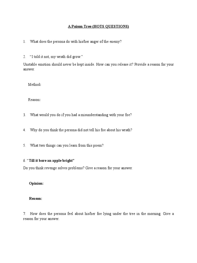 A Poison Tree Questions | PDF