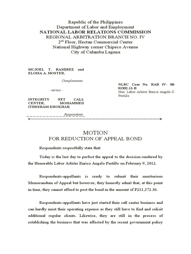 Motion For Reduction of Appeal Bond | PDF | Arbitration | Judiciaries