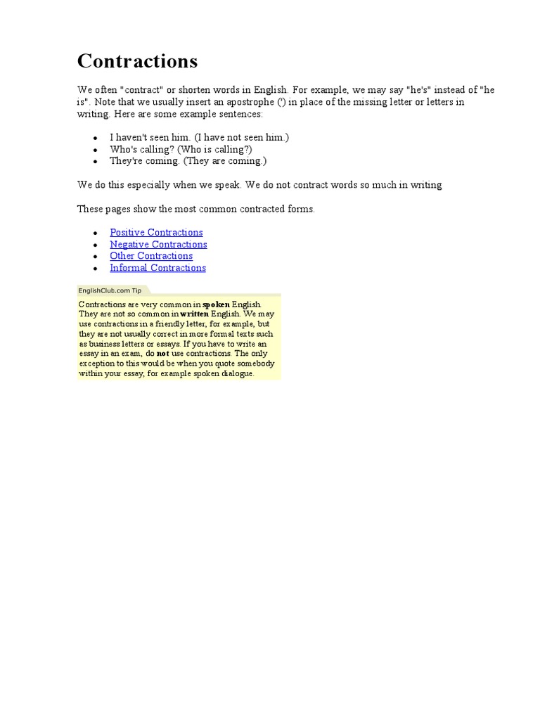 Contractions: Positive Contractions Negative Contractions Other ...