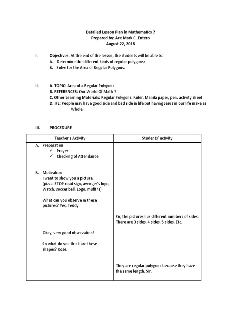 Grade 7 Lesson Plan: Polygons Area | PDF | Area | Polygon