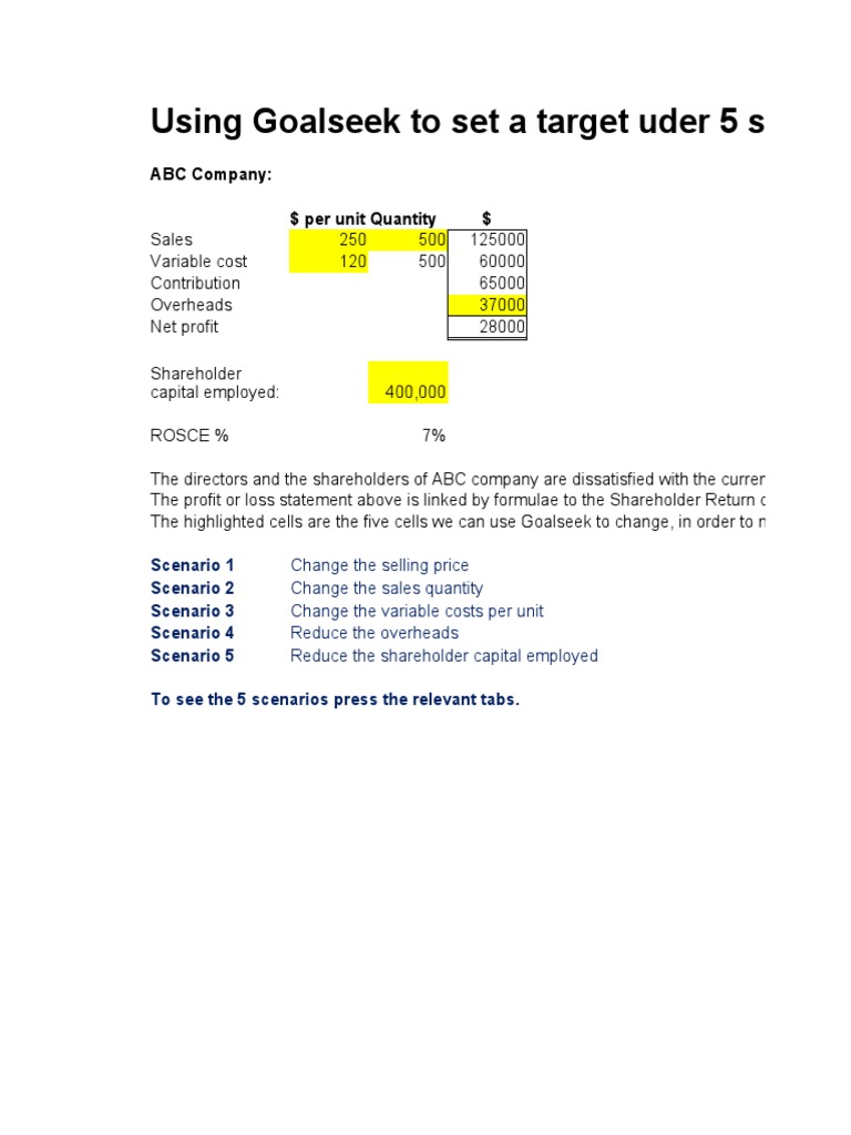 Using Goalseek To Set A Target Uder 5 Scenarios Abc Company Per