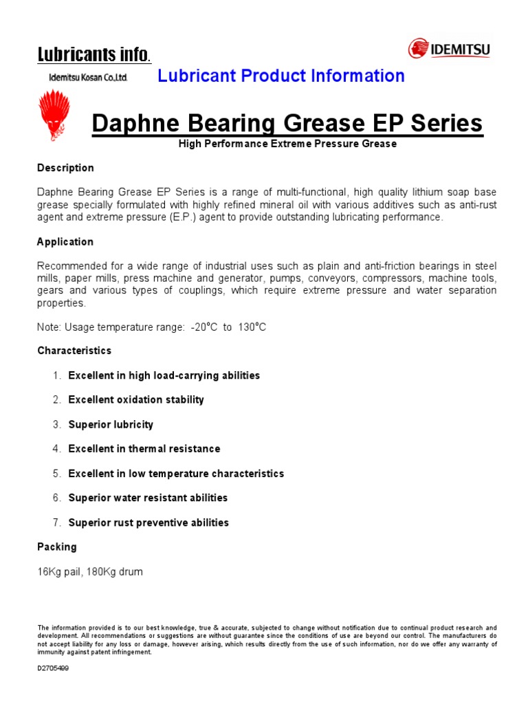 Daphne Bearing Grease EP Series: Lubricant Product Information | PDF | Lubricant | Materials