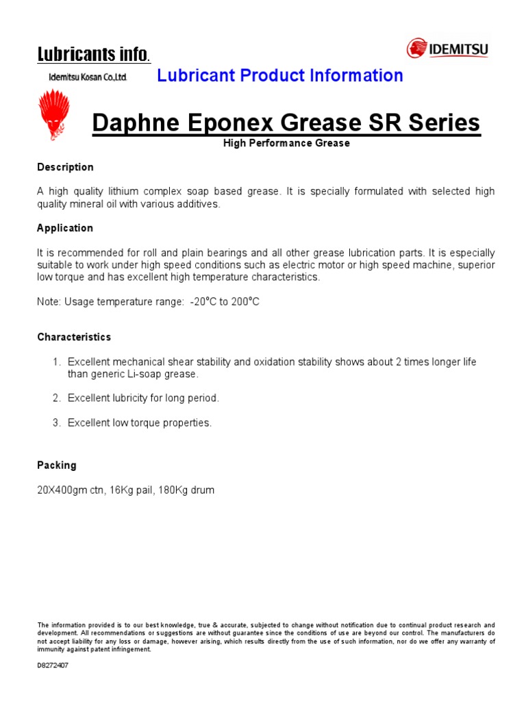 Daphne Eponex Grease SR Series: Lubricant Product Information | PDF ...