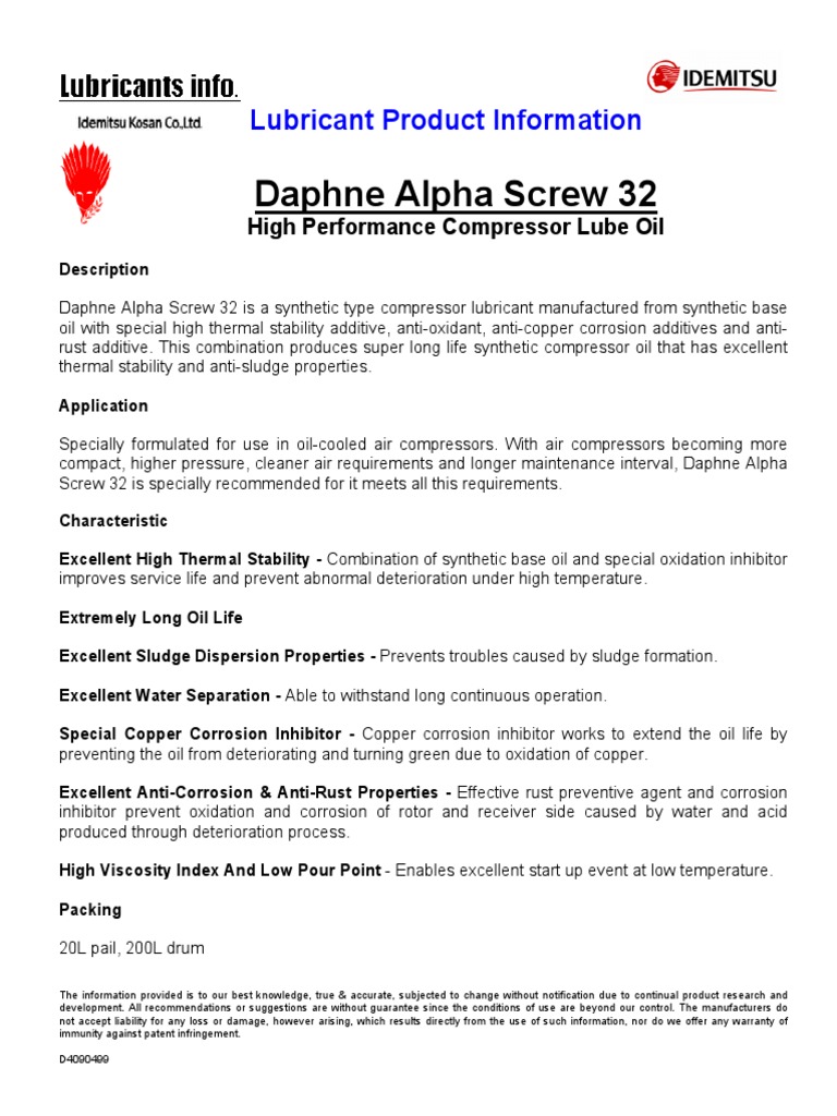 Daphne Alpha Screw 32: Lubricant Product Information | PDF | Lubricant ...