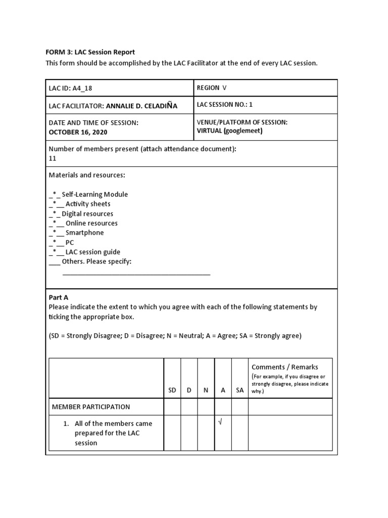 FORM 3: LAC Session Report: Region V Lac Session No.: 1 Venue/Platform ...