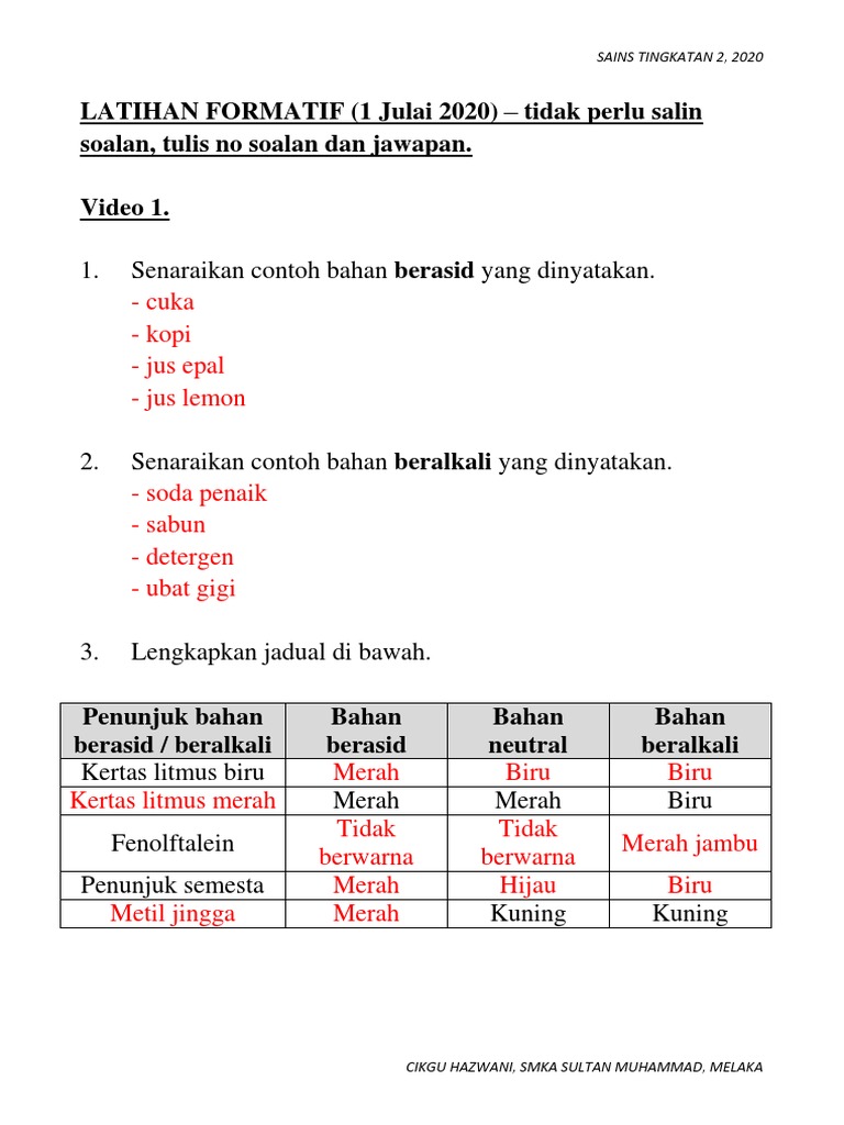Jawapan LATIHAN SAINS TING 2 PKP (1 JULAI) | PDF
