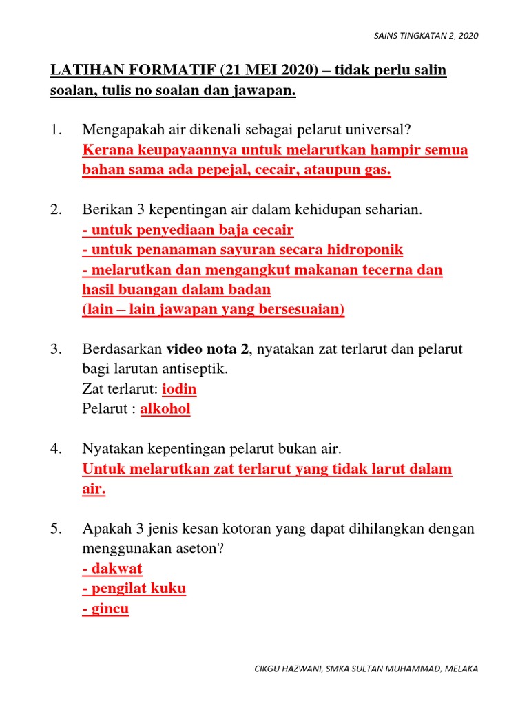 Jawapan LATIHAN SAINS TING 2 PKP (21 MEI) | PDF