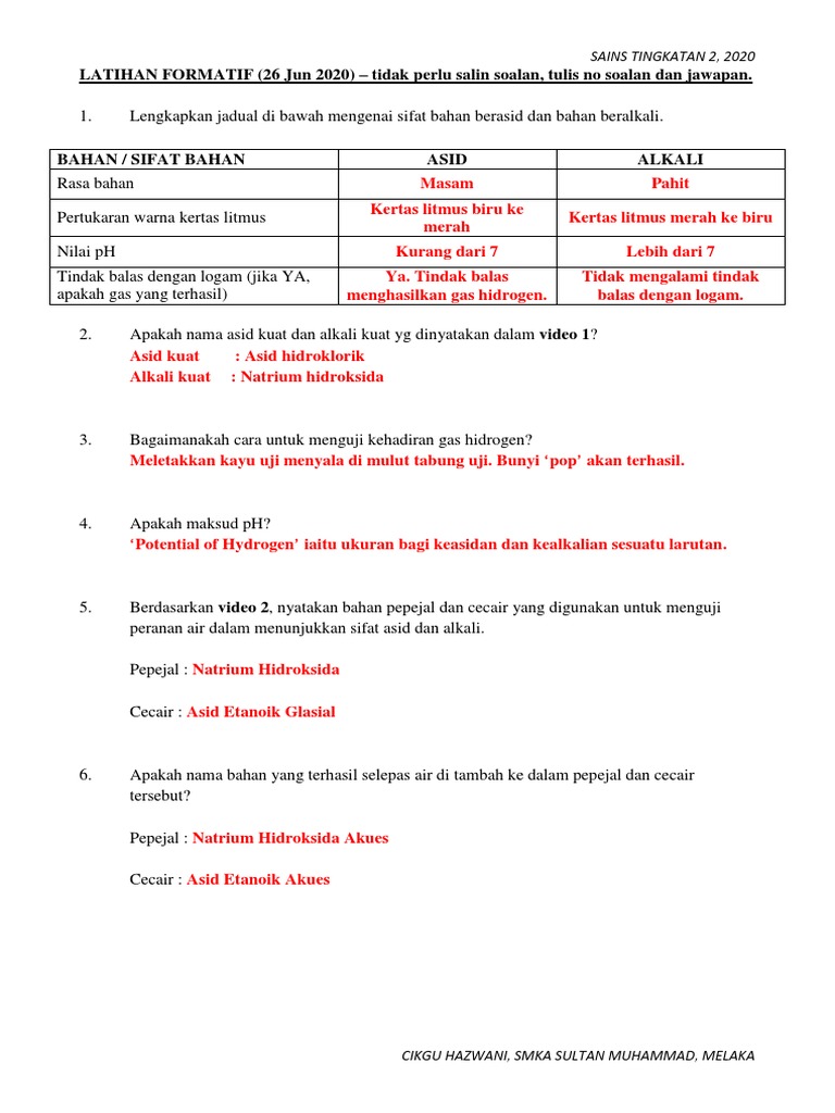 Jawapan LATIHAN SAINS TING 2 PKP (26 JUN) | PDF