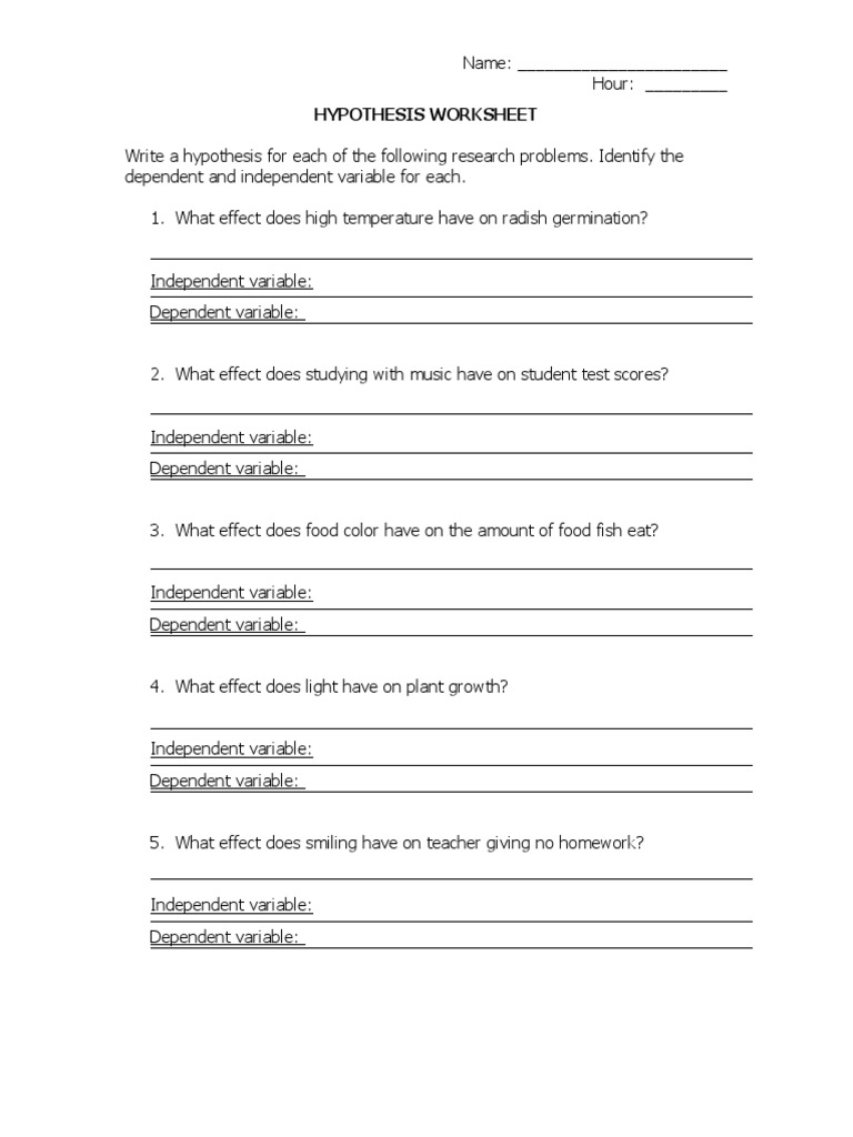 Hypothesis and Variables Worksheet | PDF