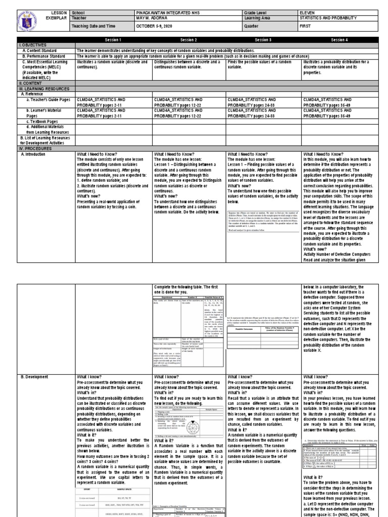 Statistics and Probability Lesson Plan | PDF | Probability Distribution ...