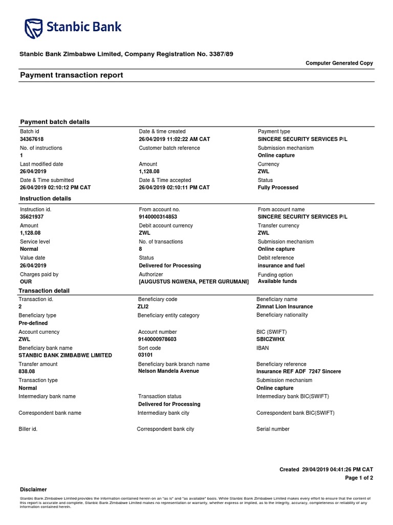 Stanbic Bank Payment Report | PDF | Financial Transaction | Payments