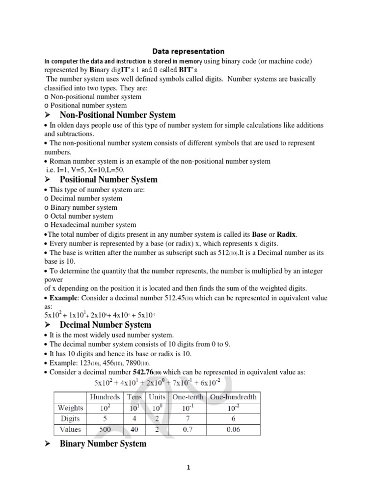 Non-Positional Number System: Data Representation | PDF | Subtraction | Binary Coded Decimal