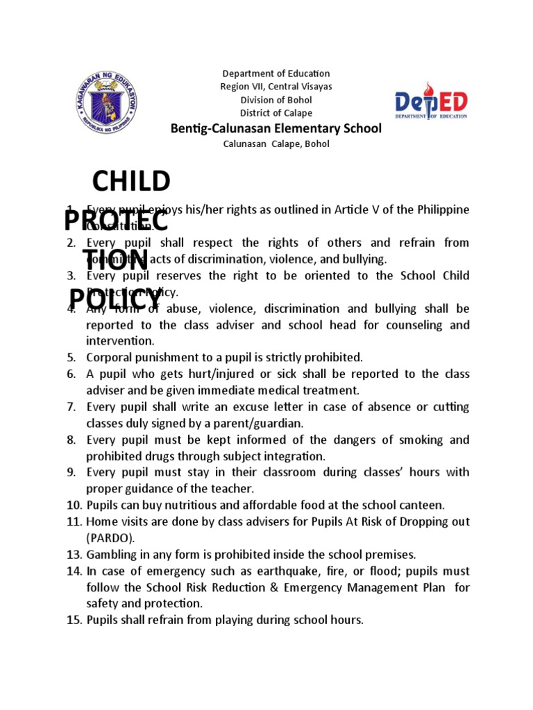 Child Protec Tion Policy: Bentig-Calunasan Elementary School | PDF