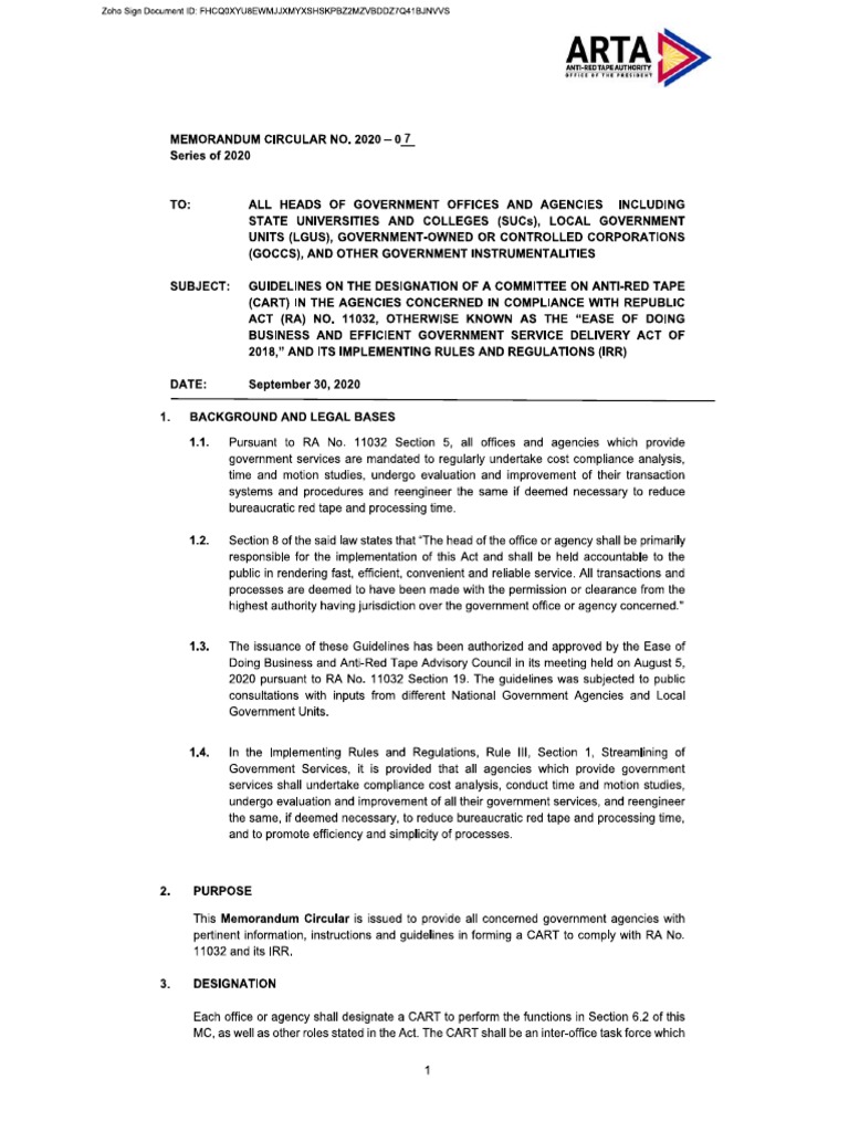 ARTA - Memorandum Circular 2020-07, Guidelines On The Designation of ...