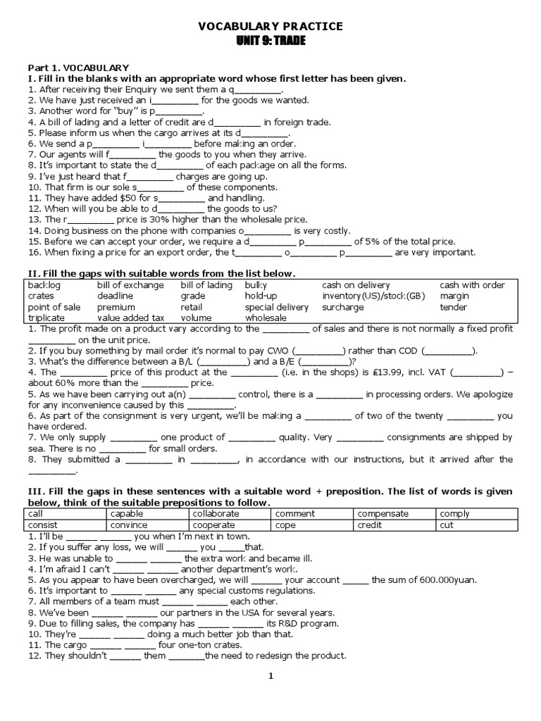 Trade Vocabulary Exercises | PDF | Cargo | Marketing