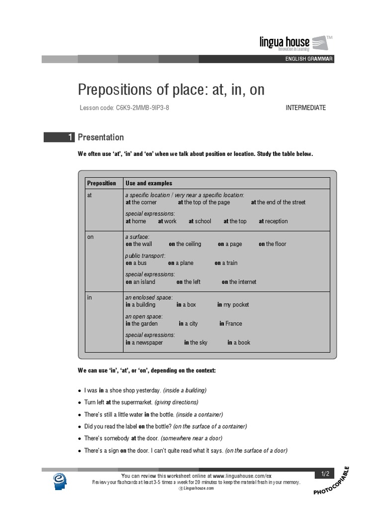 Prepositions of Place: At, In, On | PDF | Language Mechanics | Semiotics