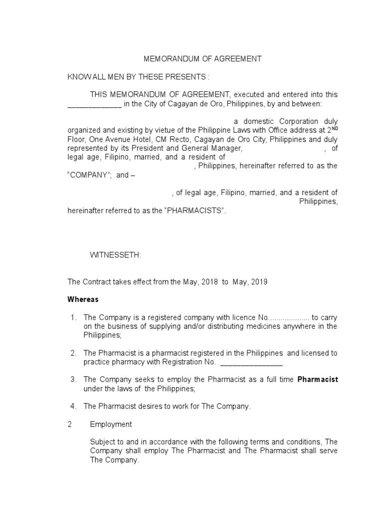 Memorandum of Agreement - Pharmacy | PDF | Pharmacist | Social Institutions