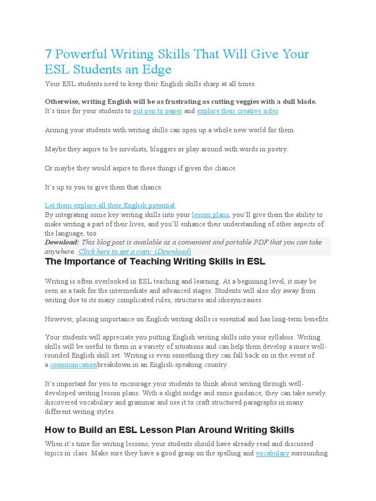 7 Powerful Writing Skills for ESL Students | PDF | English As A Second ...