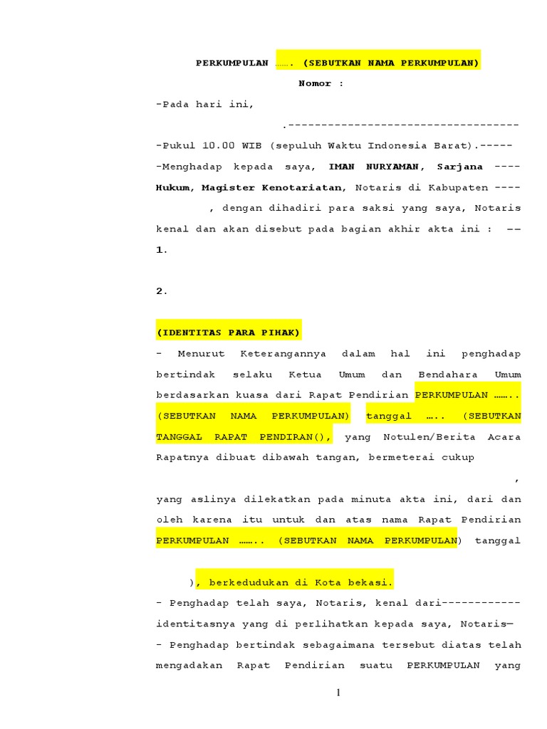 Contoh Akta Pendirian Perkumpulan | PDF