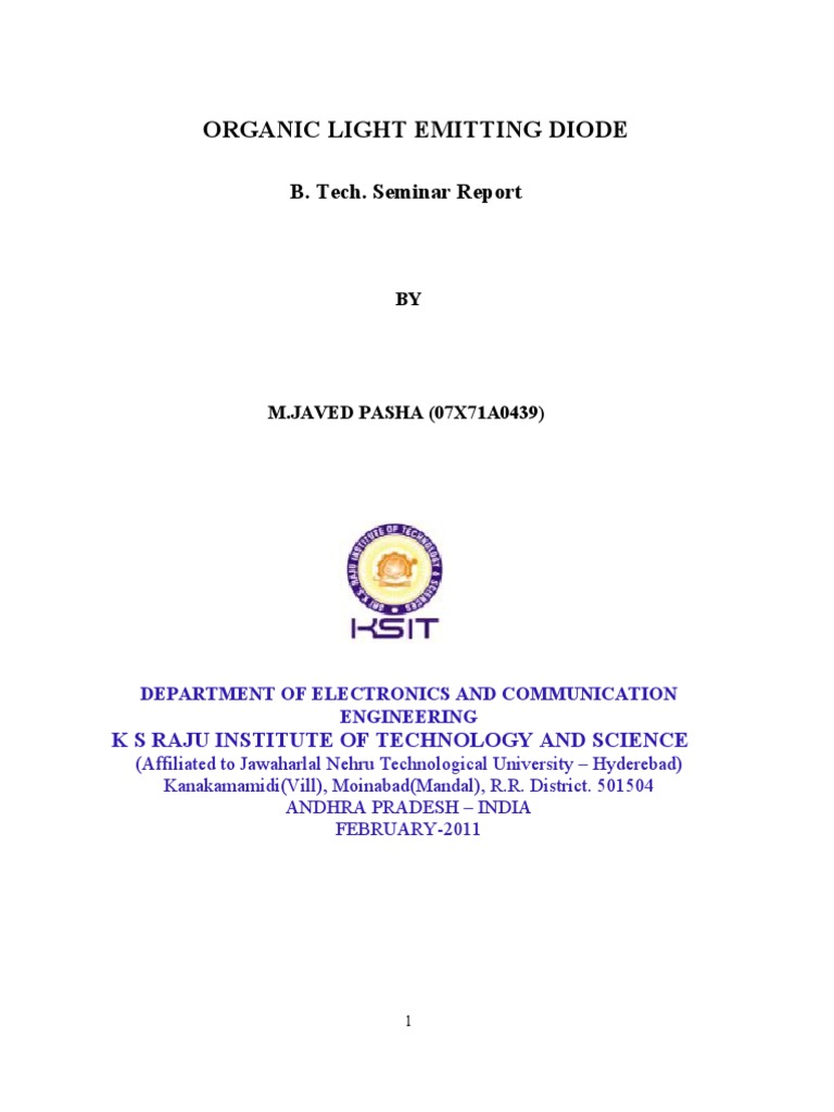 Organic Light Emitting Diode: B. Tech. Seminar Report | PDF | Oled | Cathode