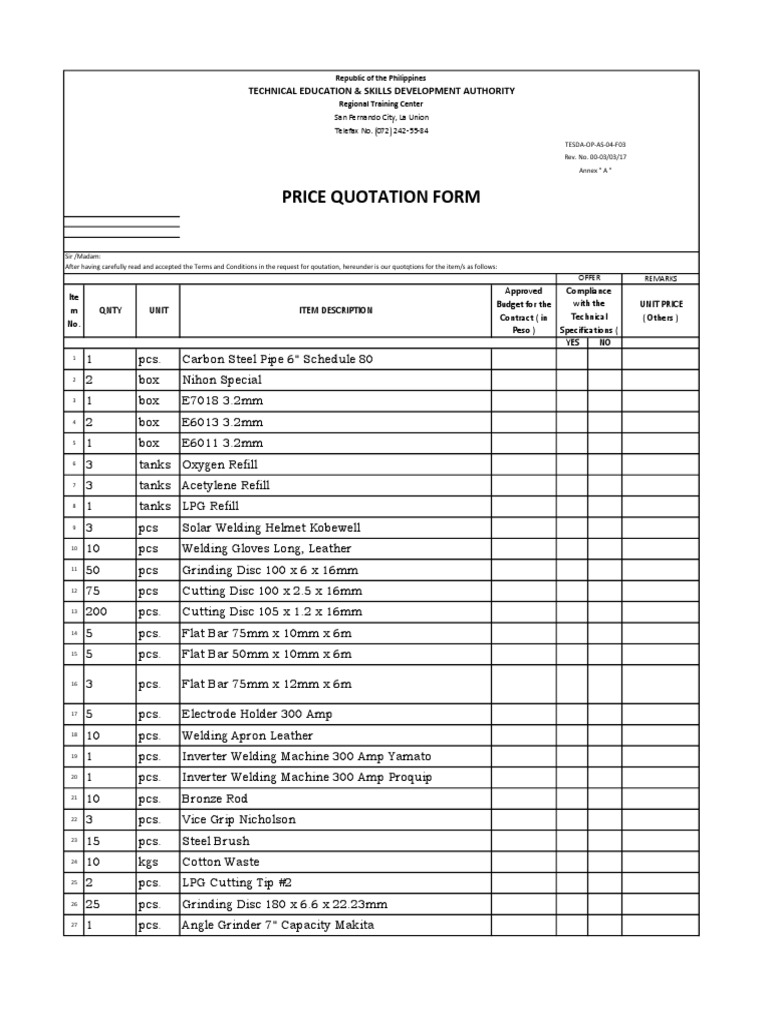 Price Quotation Form: Technical Education & Skills Development ...