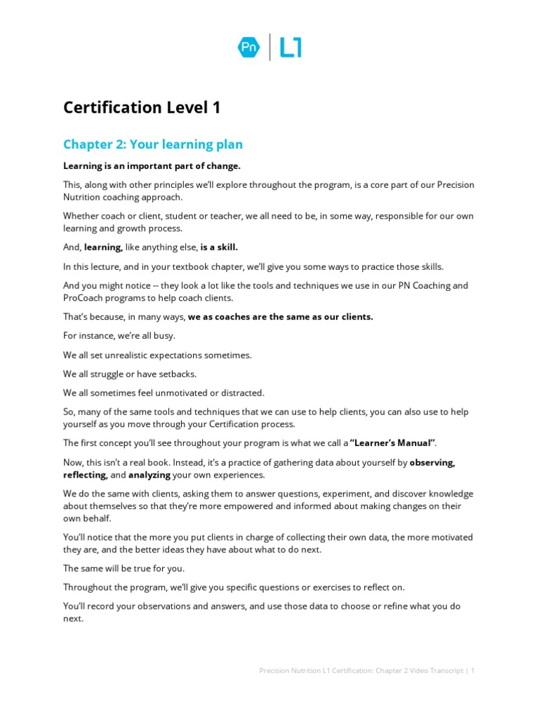Certification Level 1: Chapter 2: Your Learning Plan | PDF | Mind ...