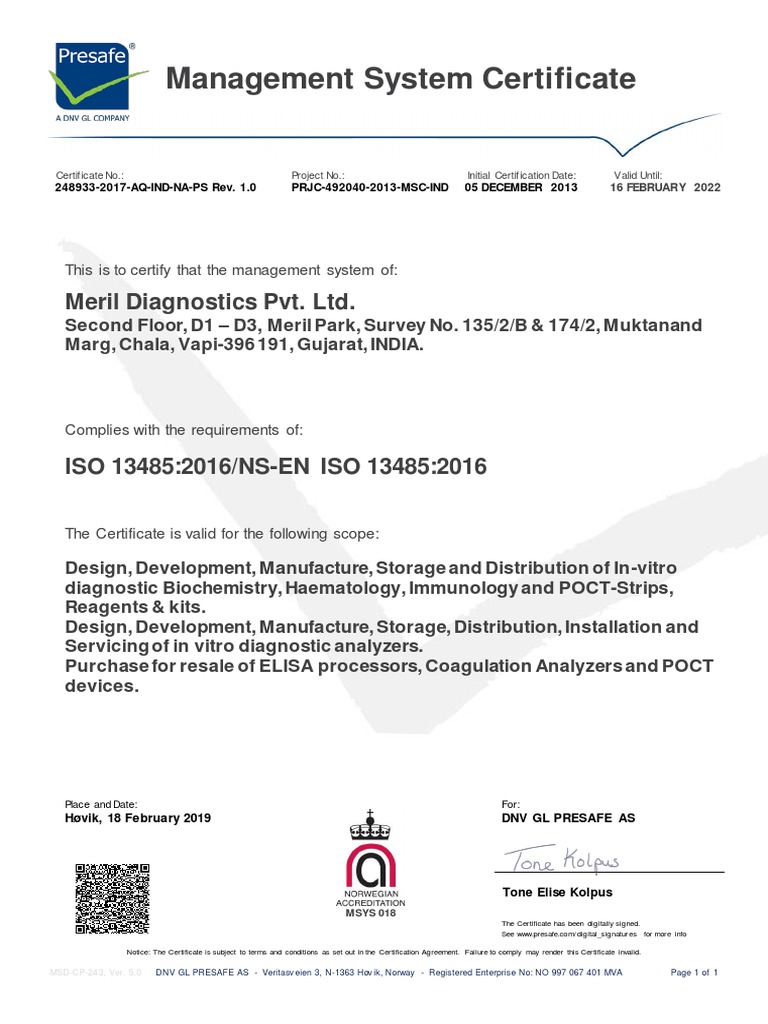 Management System Certificate: Meril Diagnostics Pvt. LTD | PDF