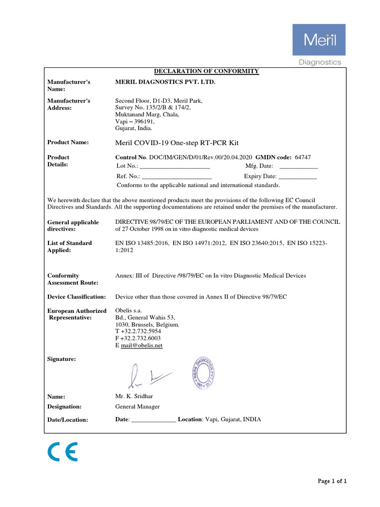 Covid-19 One-Step RT-PCR Kit - Declaration of Conformity | PDF