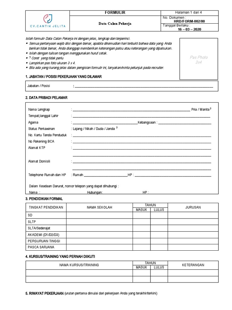 HRD FORM 002 Data Calon Pekerja | PDF