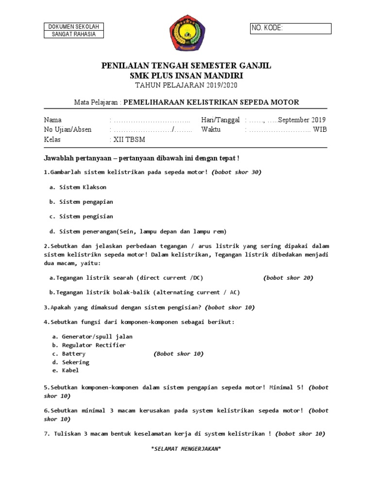 Soal PTS Kelas Xii TBSM Pemeliharaan Kel | PDF