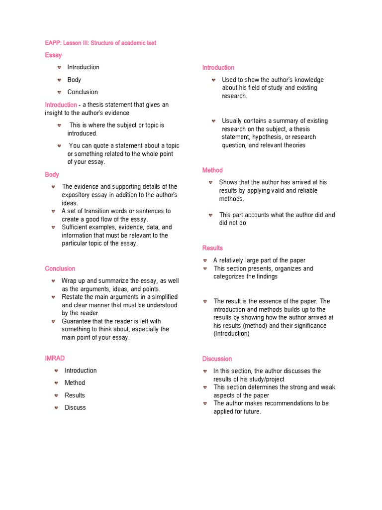 Essay: EAPP: Lesson III: Structure of Academic Text | PDF | Essays | Thesis