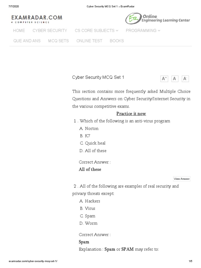 Cyber Security MCQ Set 1 ExamRadar | PDF | Multiple Choice | Computer Security