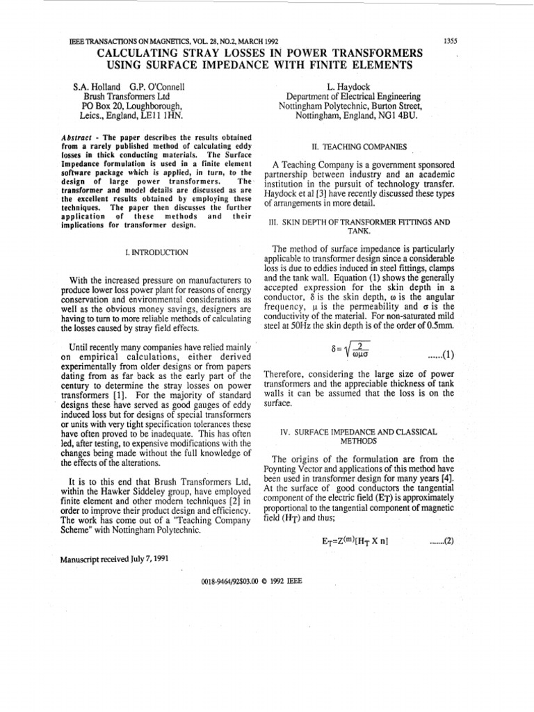 Calculating Stray Losses in Power Transformers Using Surface Impedance ...