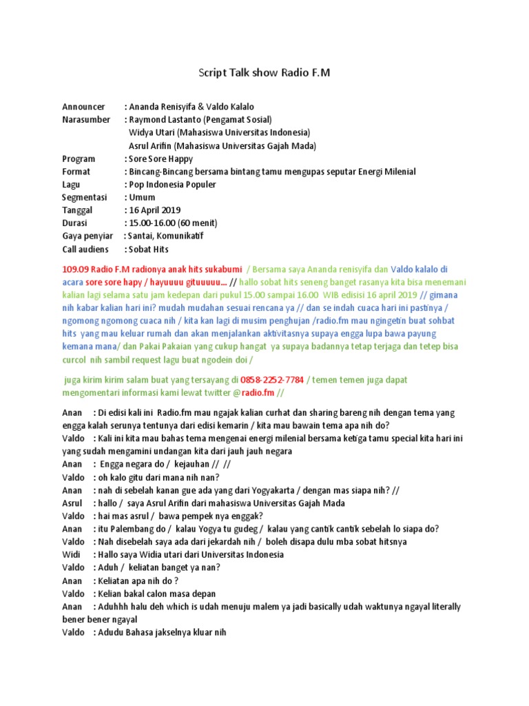 Script Talk Show Radio Milenial | PDF