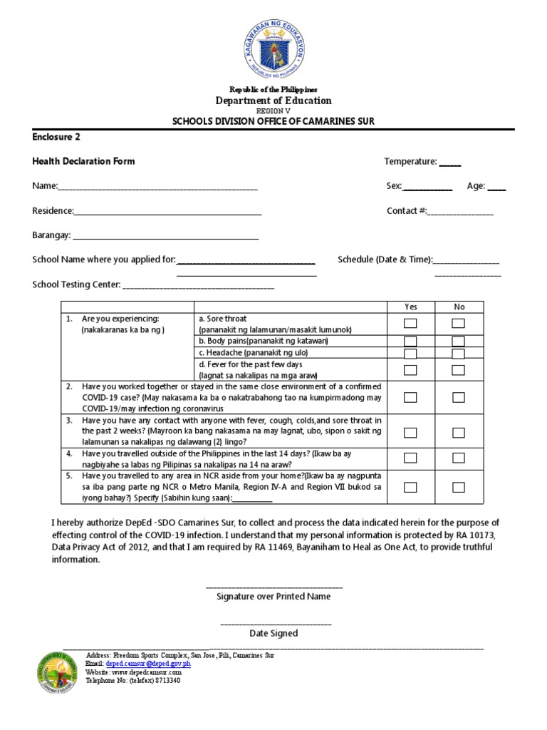 Deped - Health Declaration Form 2020 | PDF | Diseases And Disorders ...