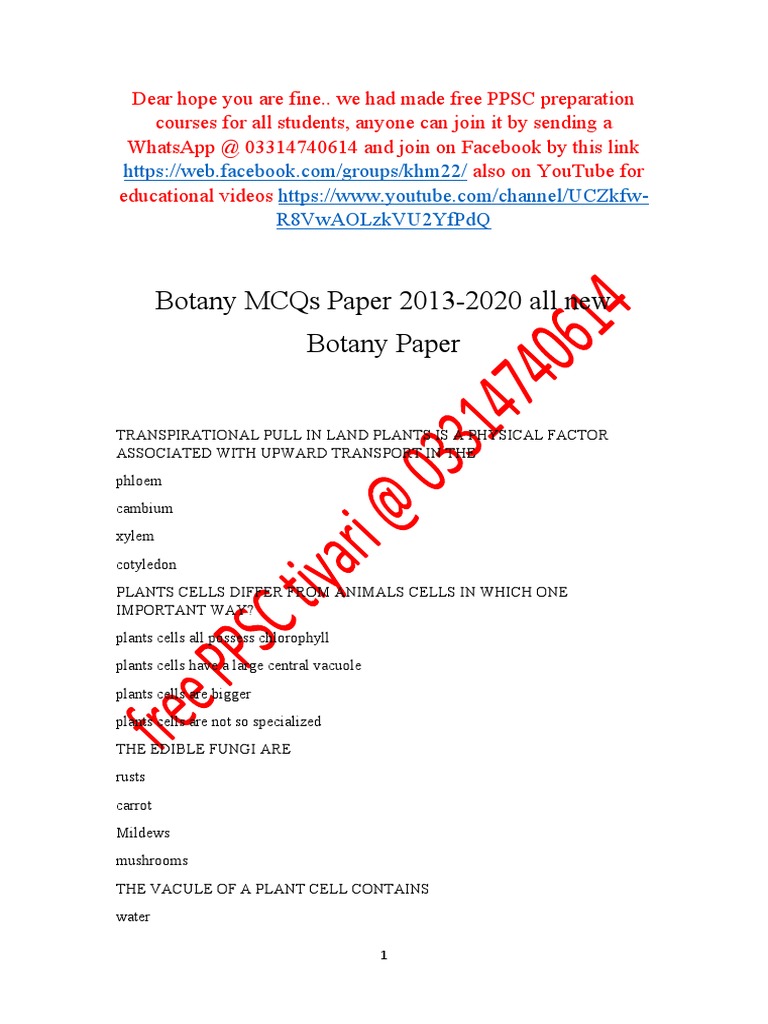 Free PPSC Botany MCQs Preparation | PDF | Plant Stem | Tissue (Biology)