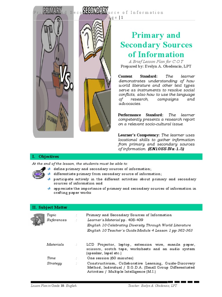 Primary and Secondary Source of Information | PDF | Lesson Plan | Learning