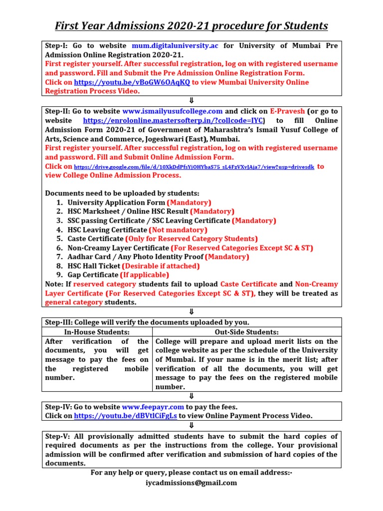 First Year Admissions 2020-21 Procedure For Students: Mum ...